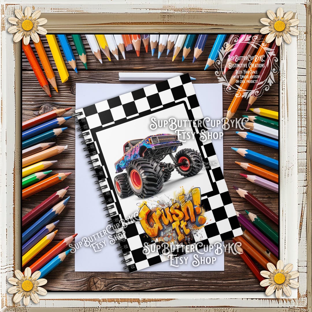 Blue Purple Flame Monster Truck Notebook Kid Journal, Black & White ...