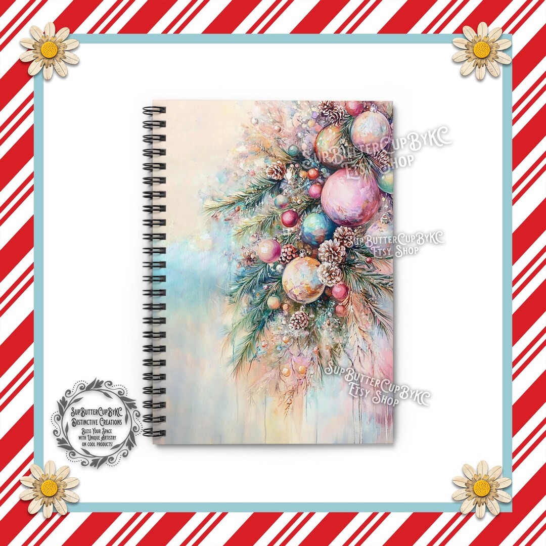 Christmas Ornaments and Winter Evergreen Tree Soft Pastel Colors Ruled ...