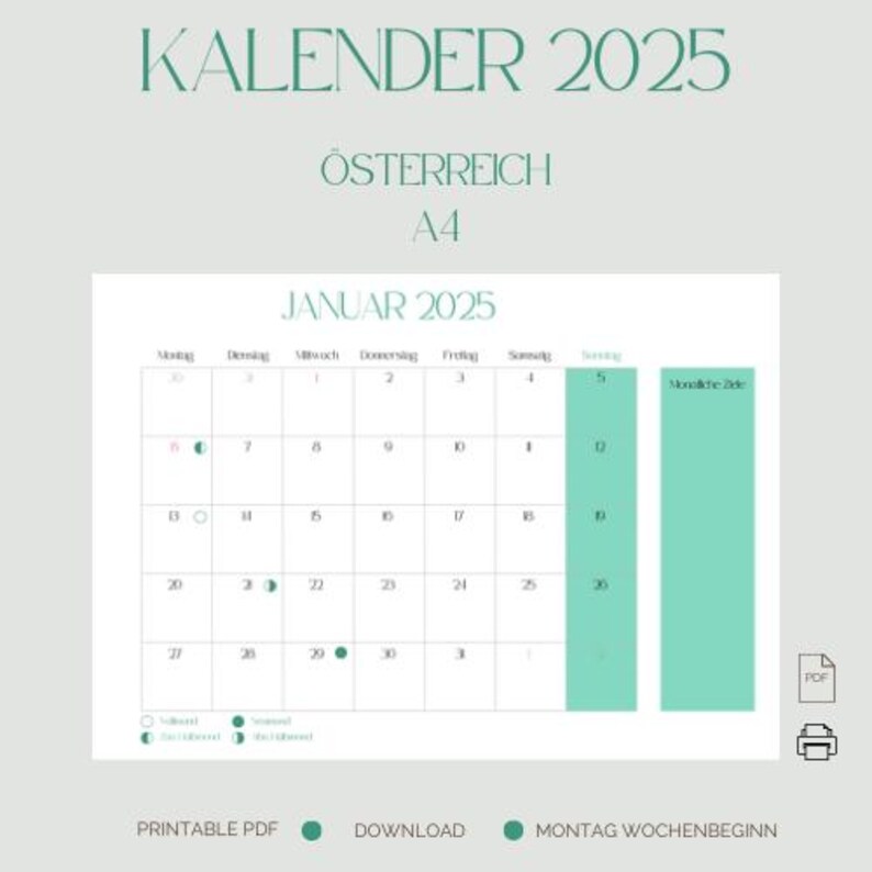 Printable Calendar 2025 Austria With Moon Phases and Holidays | Green ...