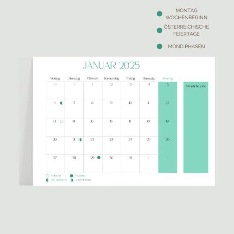 Printable Calendar 2025 Austria With Moon Phases and Holidays | Green ...