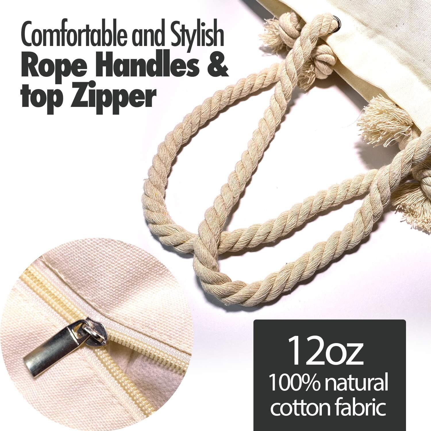 Cotton Canvas Tote Bag With Zipper & Comfortable Rope Handles. Small ...
