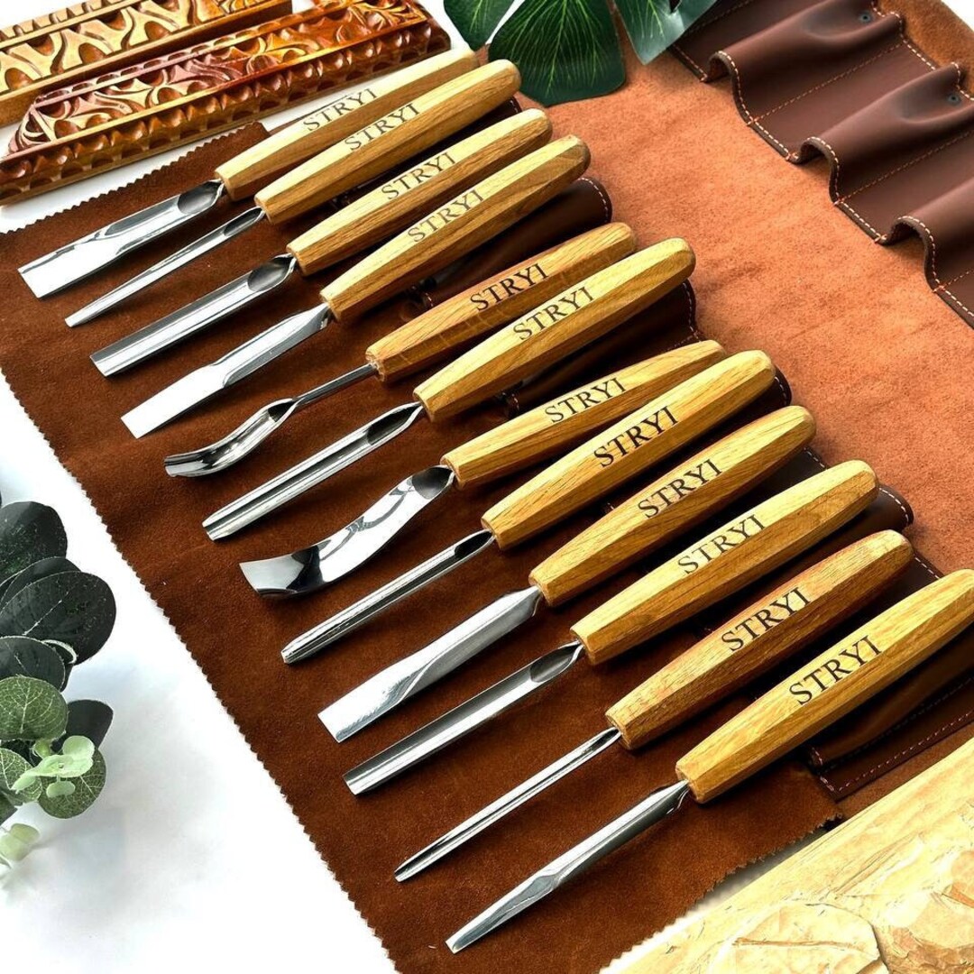 Wood Carving Set 12 Pieces in a Genuine Leather Case, Carving Chisels ...
