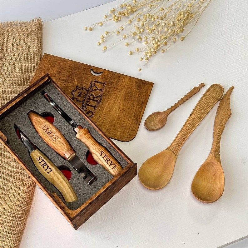 Wood Carving Set of 3 Pcs, Spoon and Kuksa Making in Wooden Storage Box ...