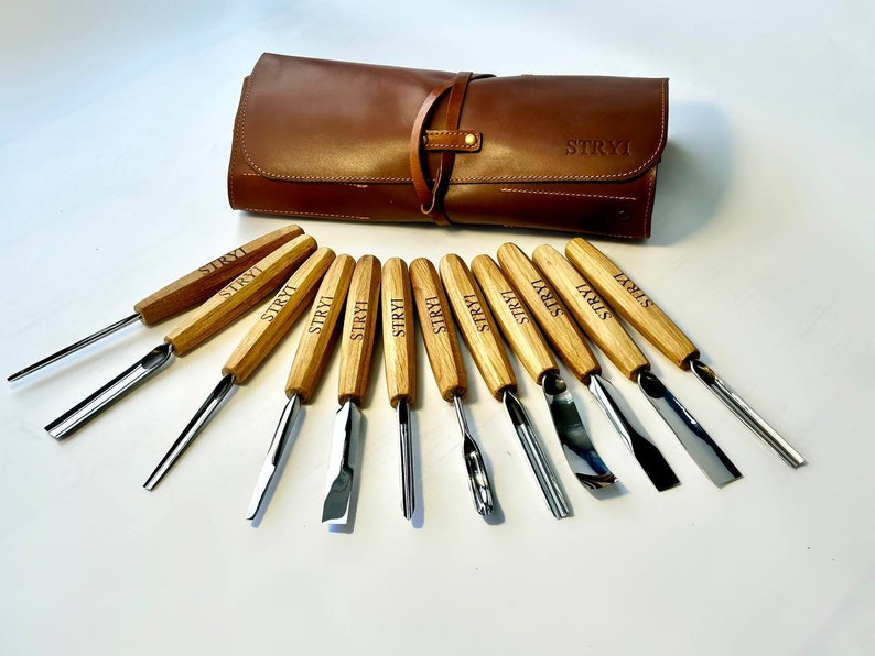 Wood Carving Set 12 Pieces in a Genuine Leather Case, Carving Chisels ...
