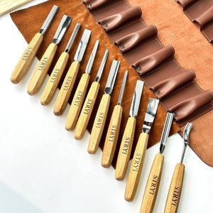 Wood Carving Set 12 Pieces in a Genuine Leather Case, Carving Chisels ...