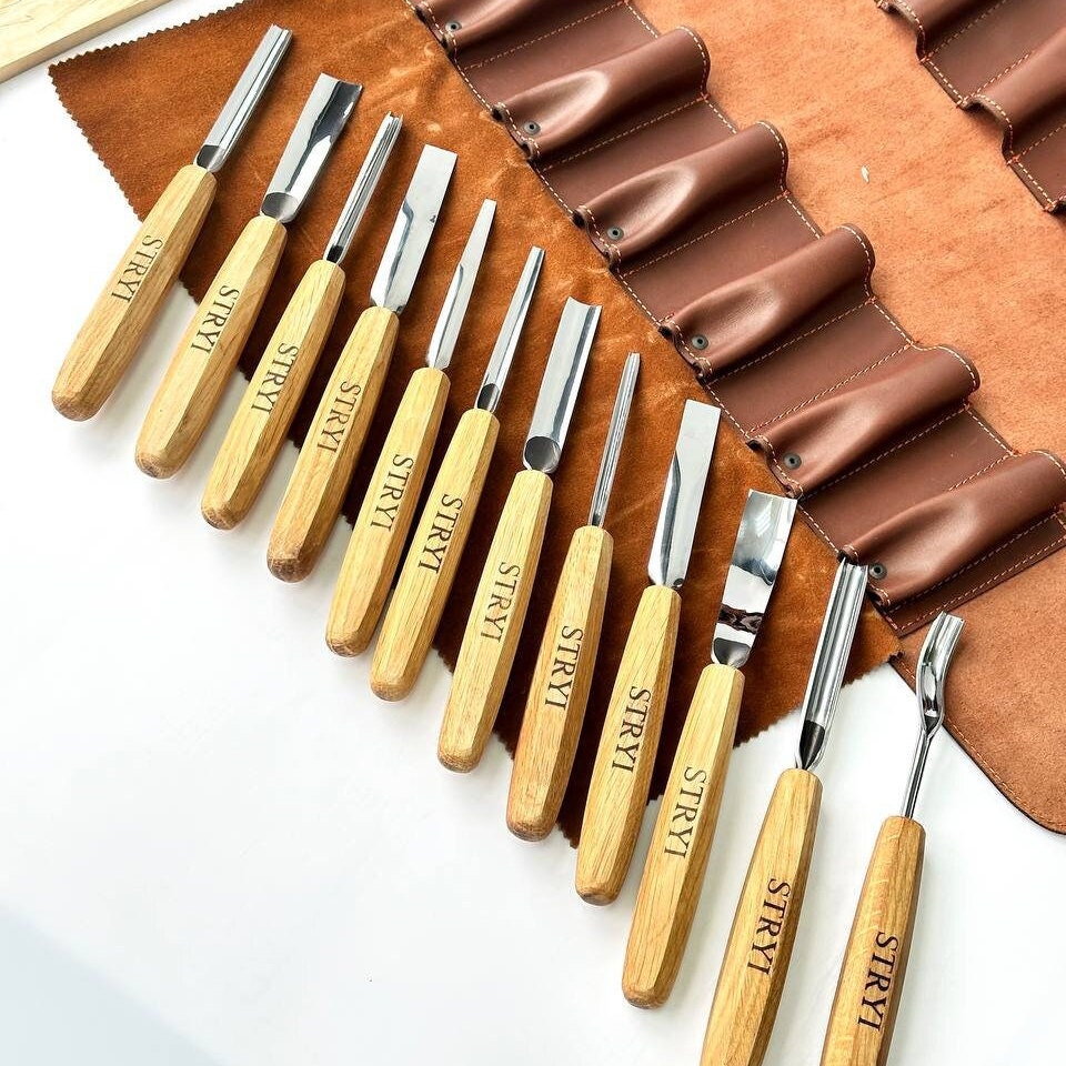 Wood Carving Set 12 Pieces in a Genuine Leather Case, Carving Chisels ...