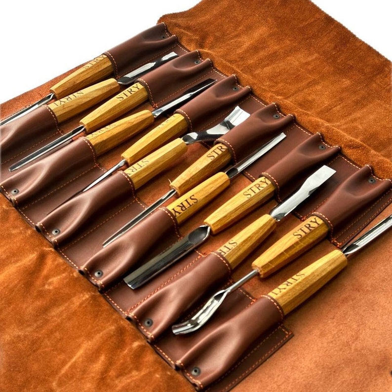 Wood Carving Set 12 Pieces in a Genuine Leather Case, Carving Chisels, Carving Toolset, Gouges ...