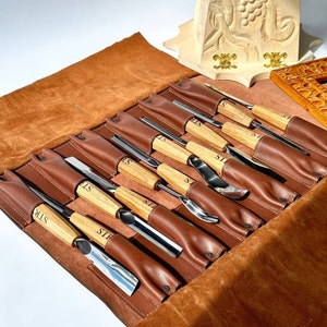 Wood Carving Set 12 Pieces in a Genuine Leather Case, Carving Chisels ...