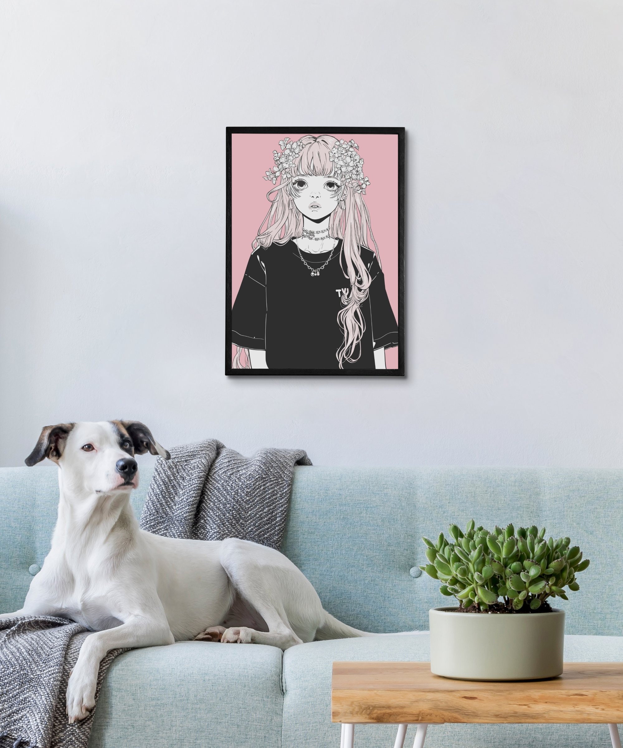 Anime Girl Art Print, Floral Crown Manga Wall Decor, Pink Aesthetic ...