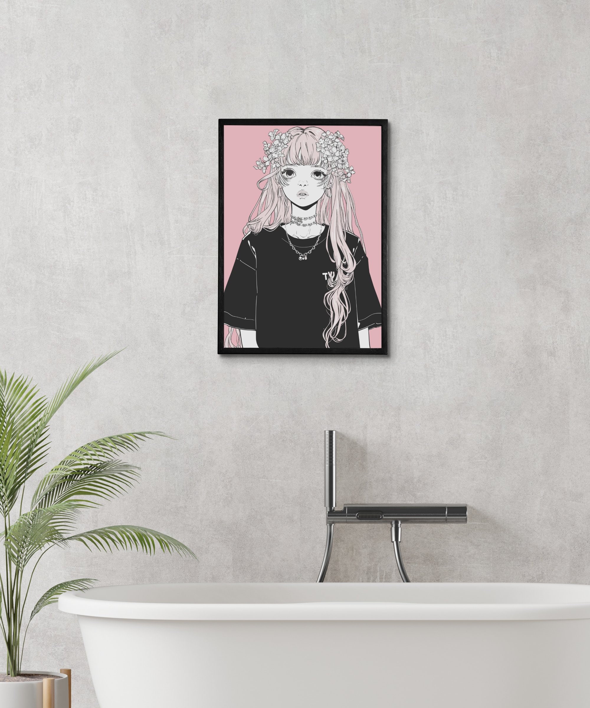 Anime Girl Art Print, Floral Crown Manga Wall Decor, Pink Aesthetic ...