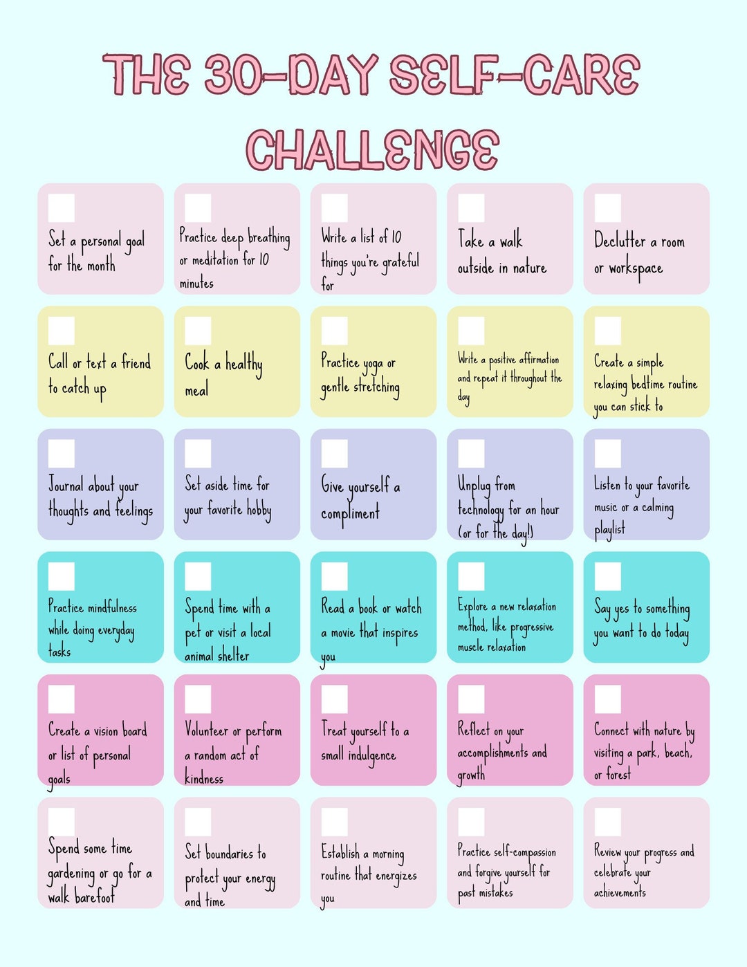 30 Day Self Care Challenge Worksheet - Printable - Etsy