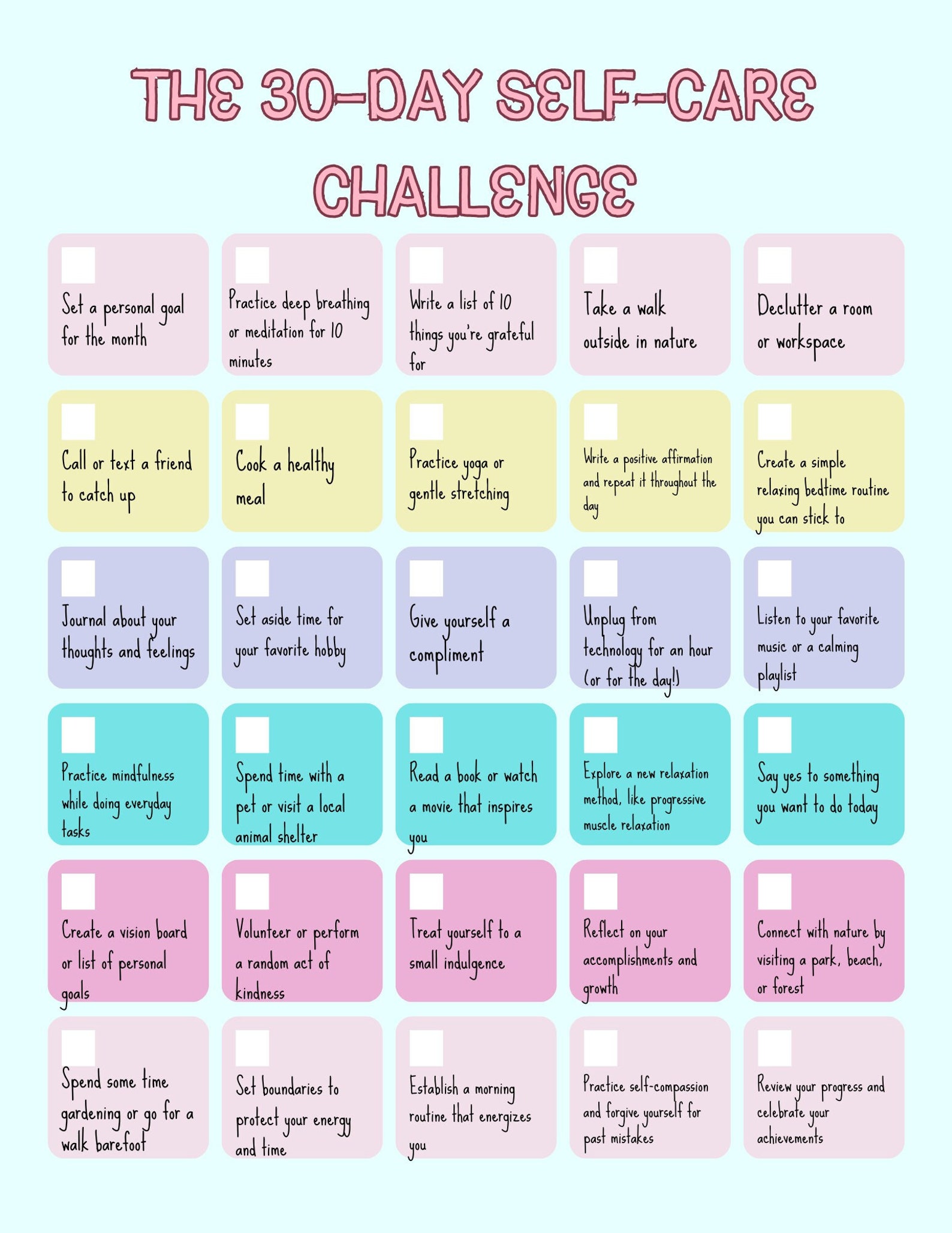 30 Day Self Care Challenge Worksheet - Printable - Etsy