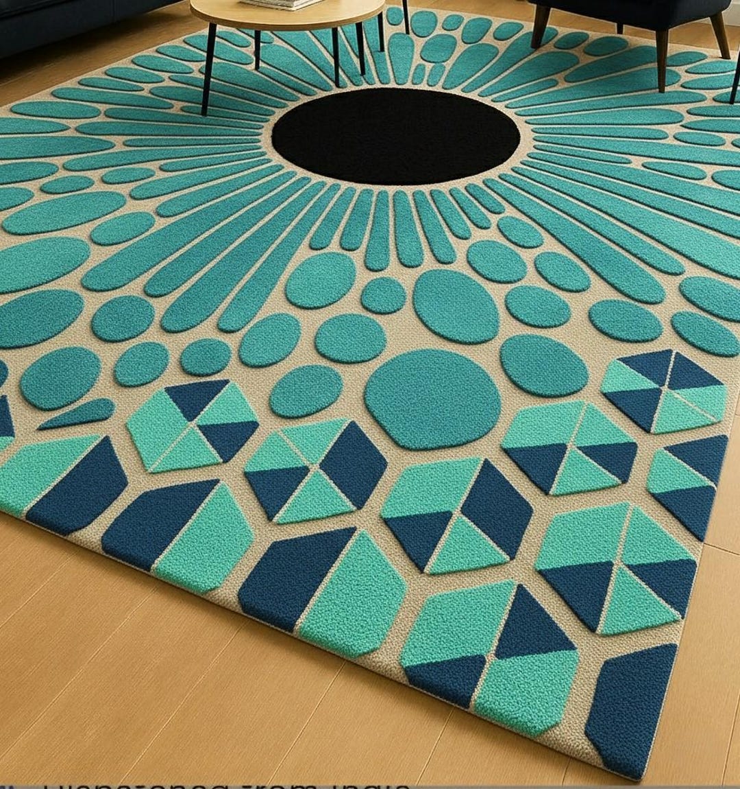 Hand Tufted Area Rug: Modern Geometric Teal Rug With Cream and Aqua ...