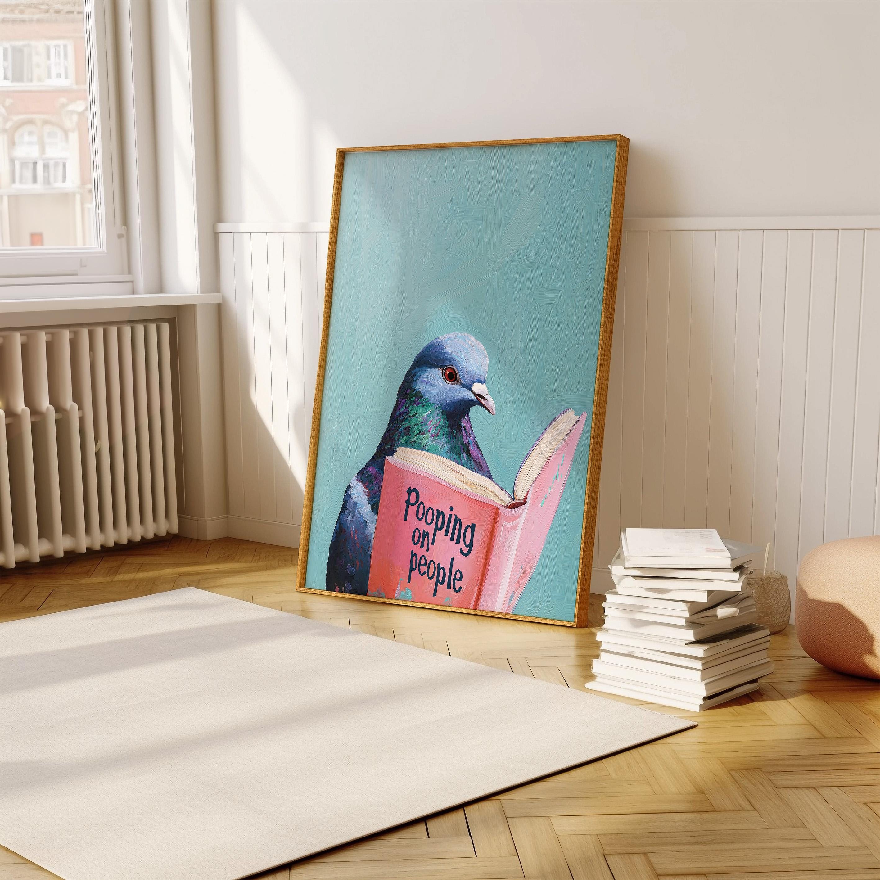 Pigeon Reading "pooping on People" Book Matte Paper Poster, Funny ...