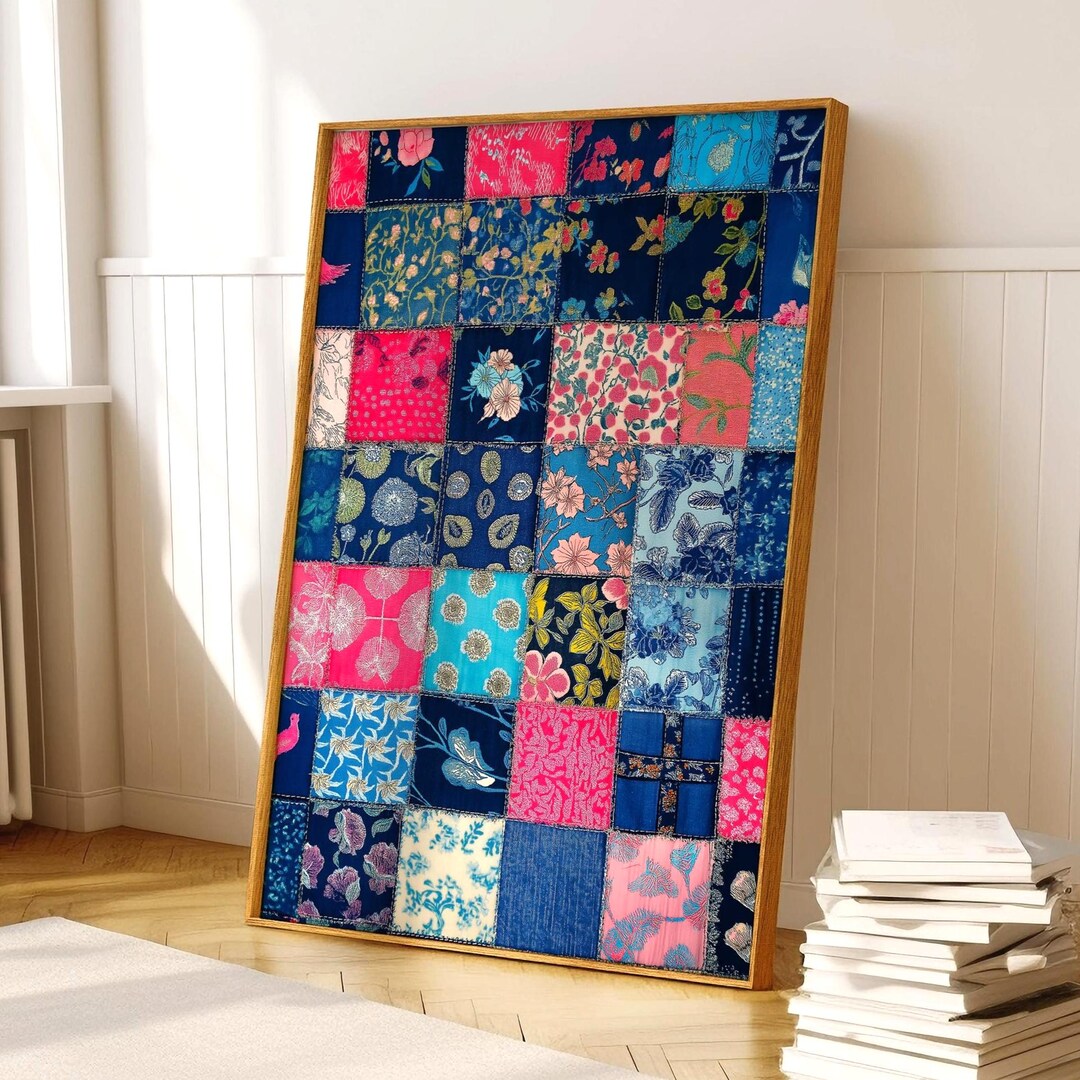Colorful Patchwork Quilt Wall Art, Boho Fabric Textile Poster, Eclectic ...
