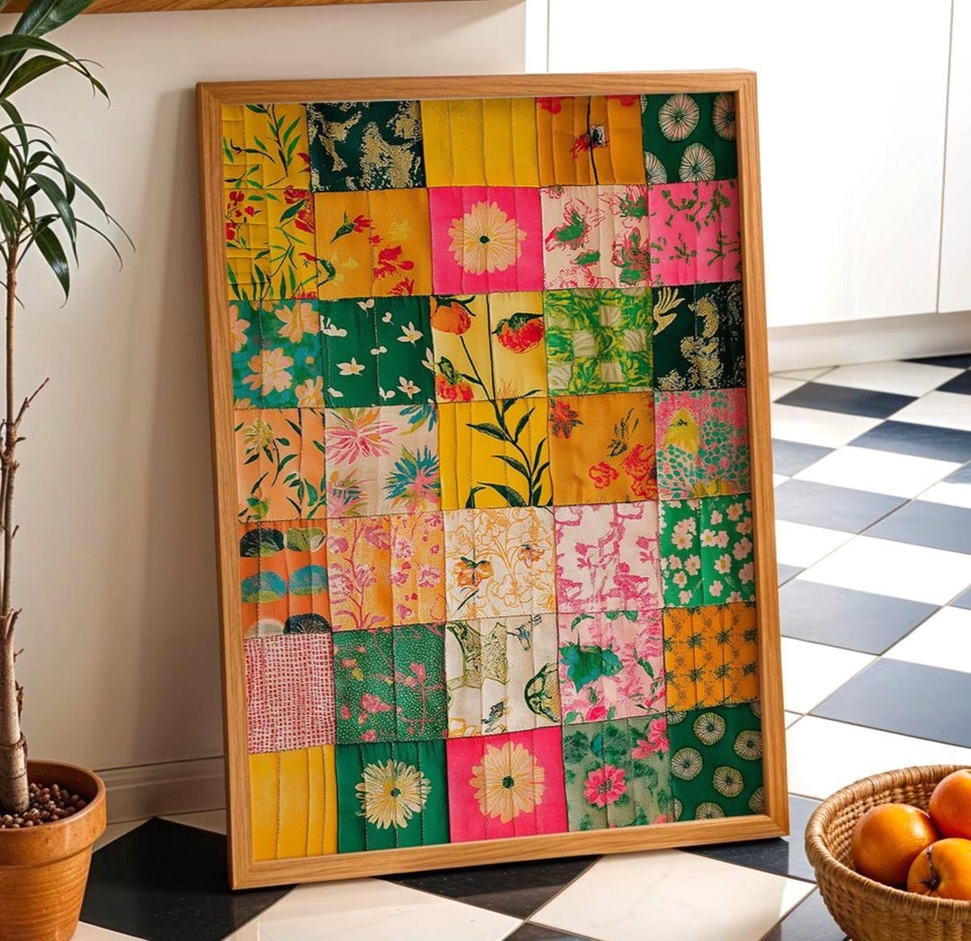 Colorful Patchwork Quilt Wall Art Printable, Boho Textile Fabric Poster ...