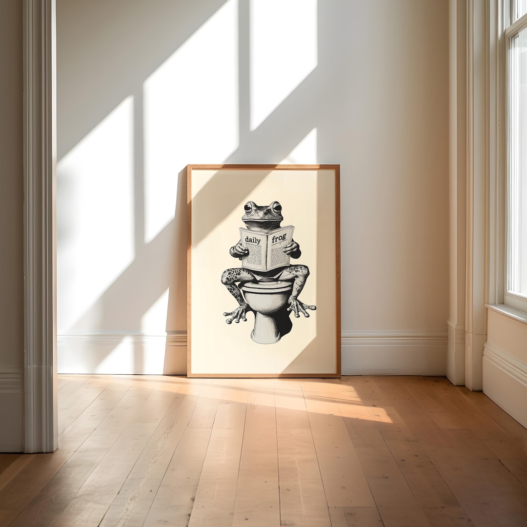 Frog on Toilet Print, Funny Animal Reading Newspaper Poster, Pooping ...