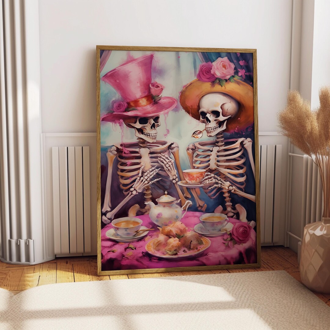 Skeleton Tea Party Print, Halloween Wall Decor, Funny Skeletons Prints ...