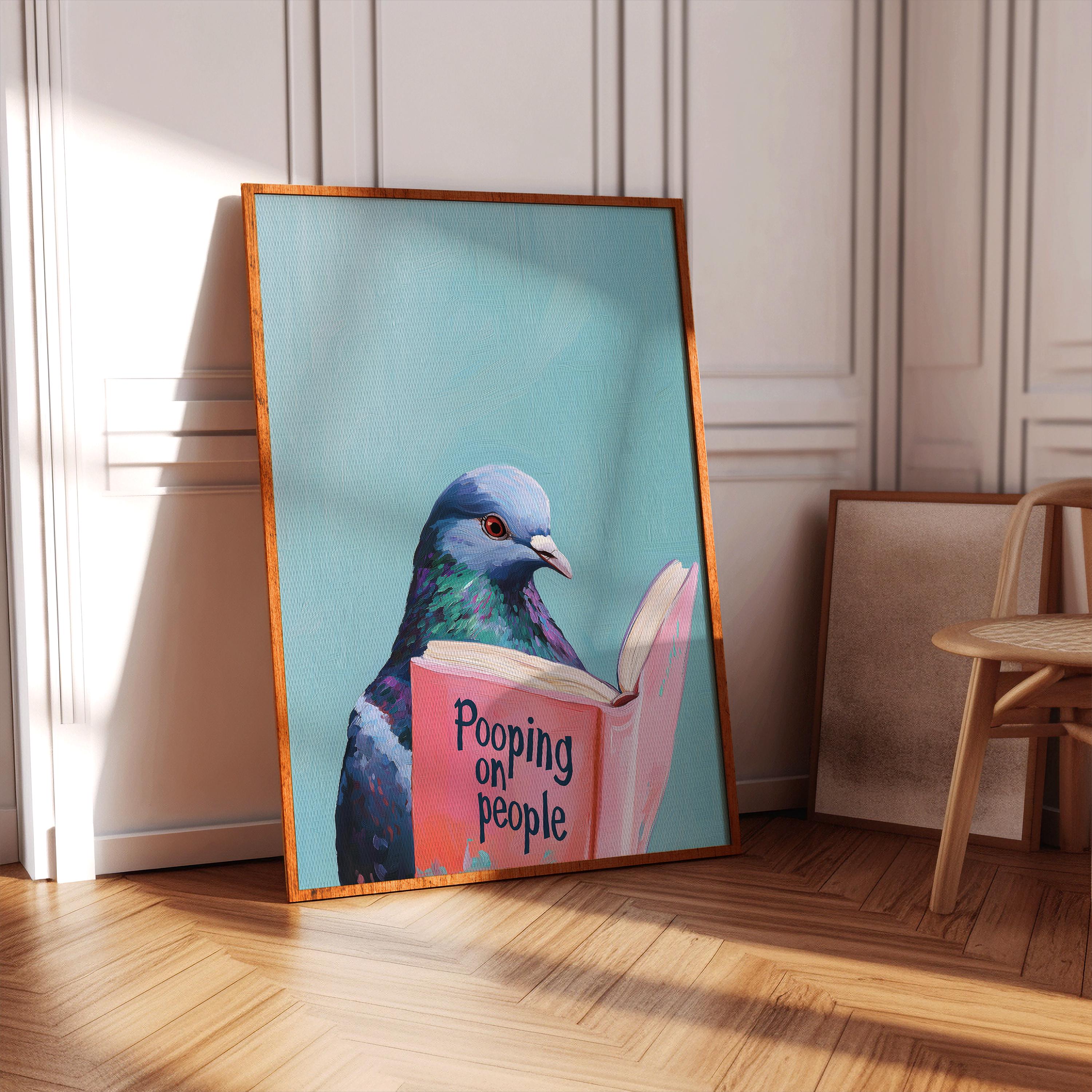 Pigeon Reading "pooping on People" Book Matte Paper Poster, Funny ...