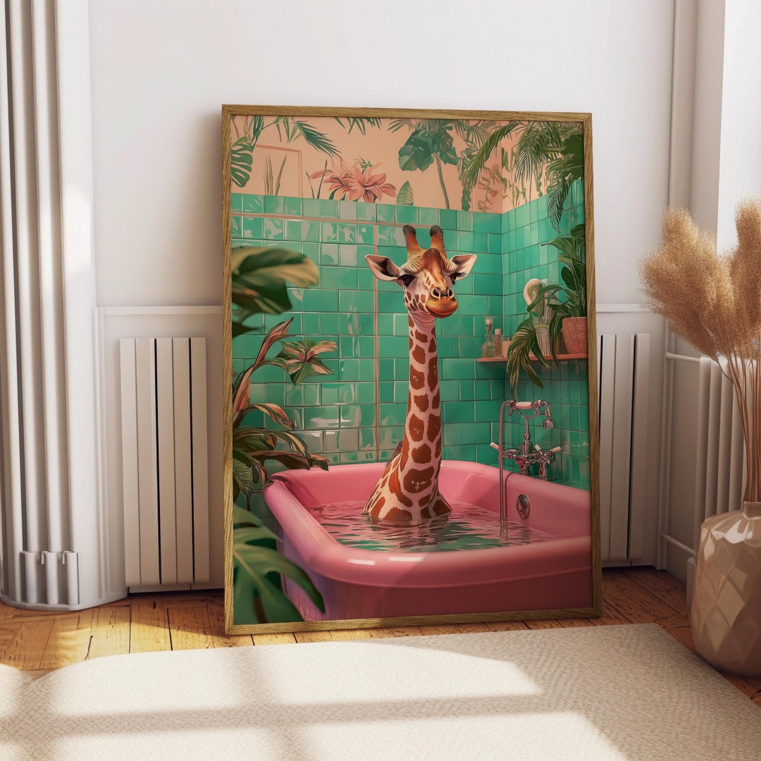 Giraffe in the Shower Print, Pooping Prints, Toilet Wall Posters, Funny ...