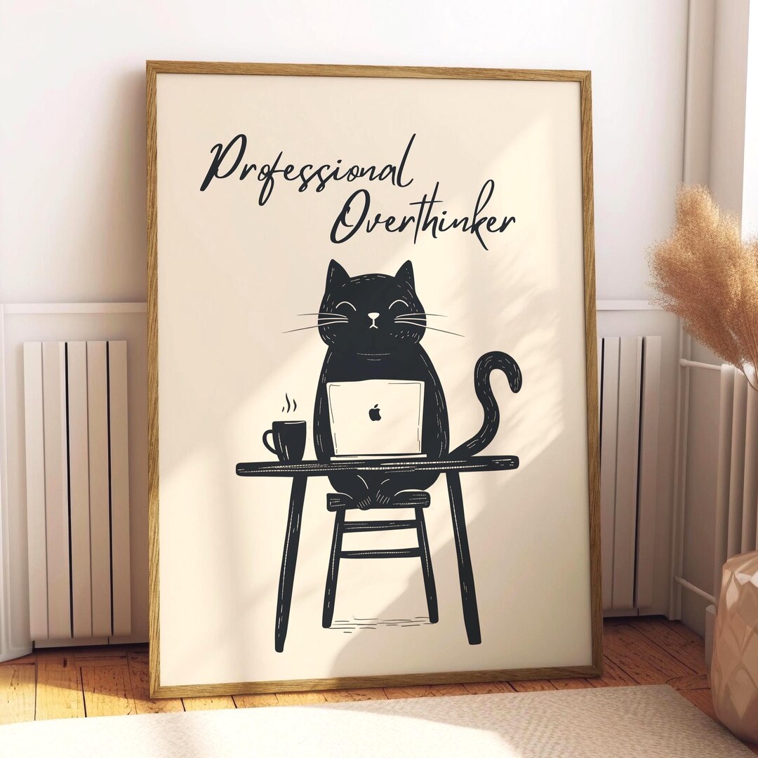 Professional Overthinker Printable Art With Minimalist Cat on Laptop ...