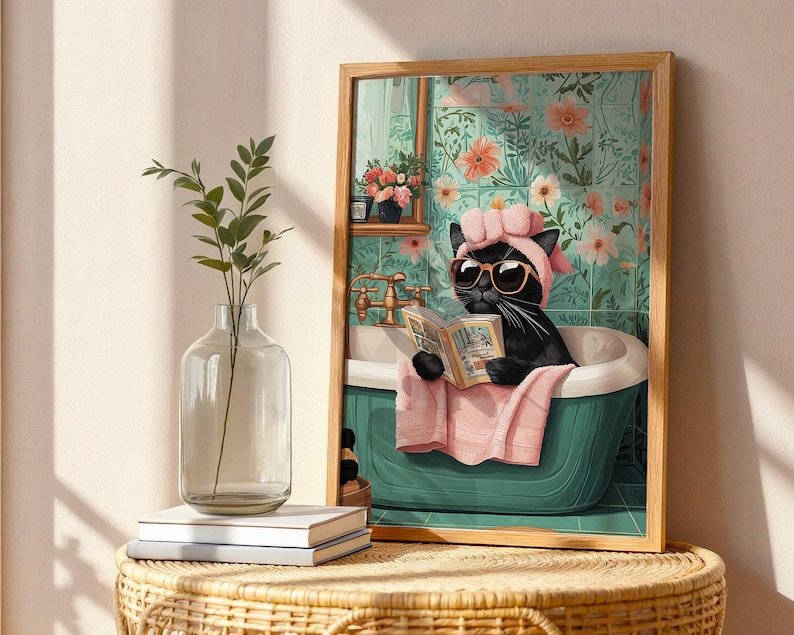 Funny Bathroom Animal Prints Set Cats and Chihuahua Reading in Shower ...