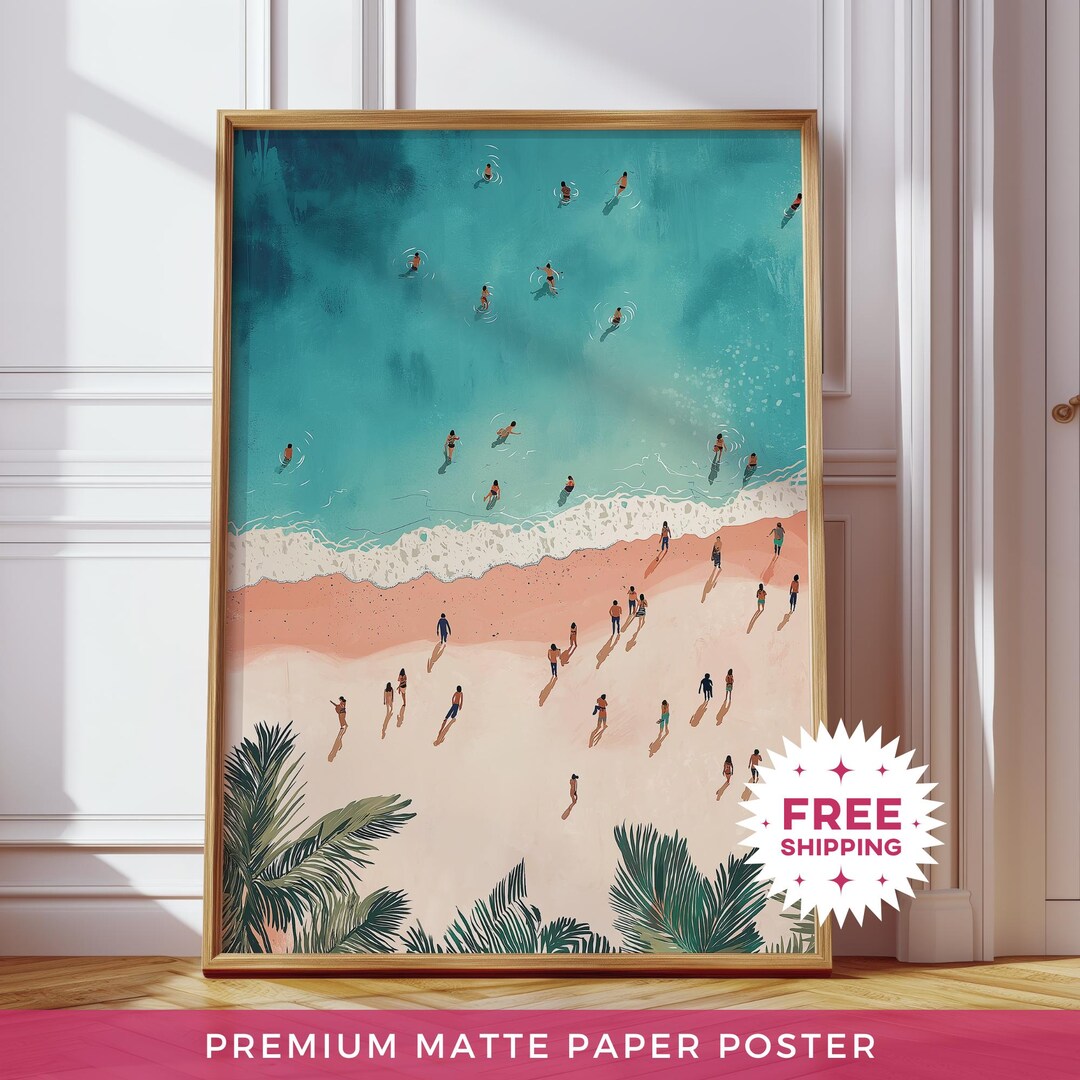 Tiny People Swimming Paper Matte Poster, Summer Ocean Wall Decor, Beach ...