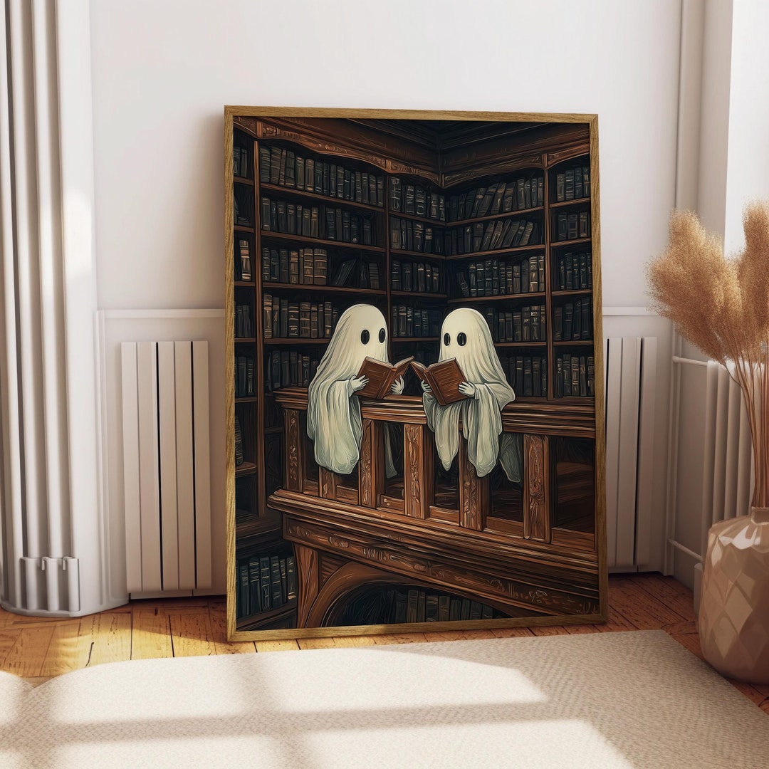 Two Cute Ghosts in a Library Print, Romantic Dark Academia, Moody ...