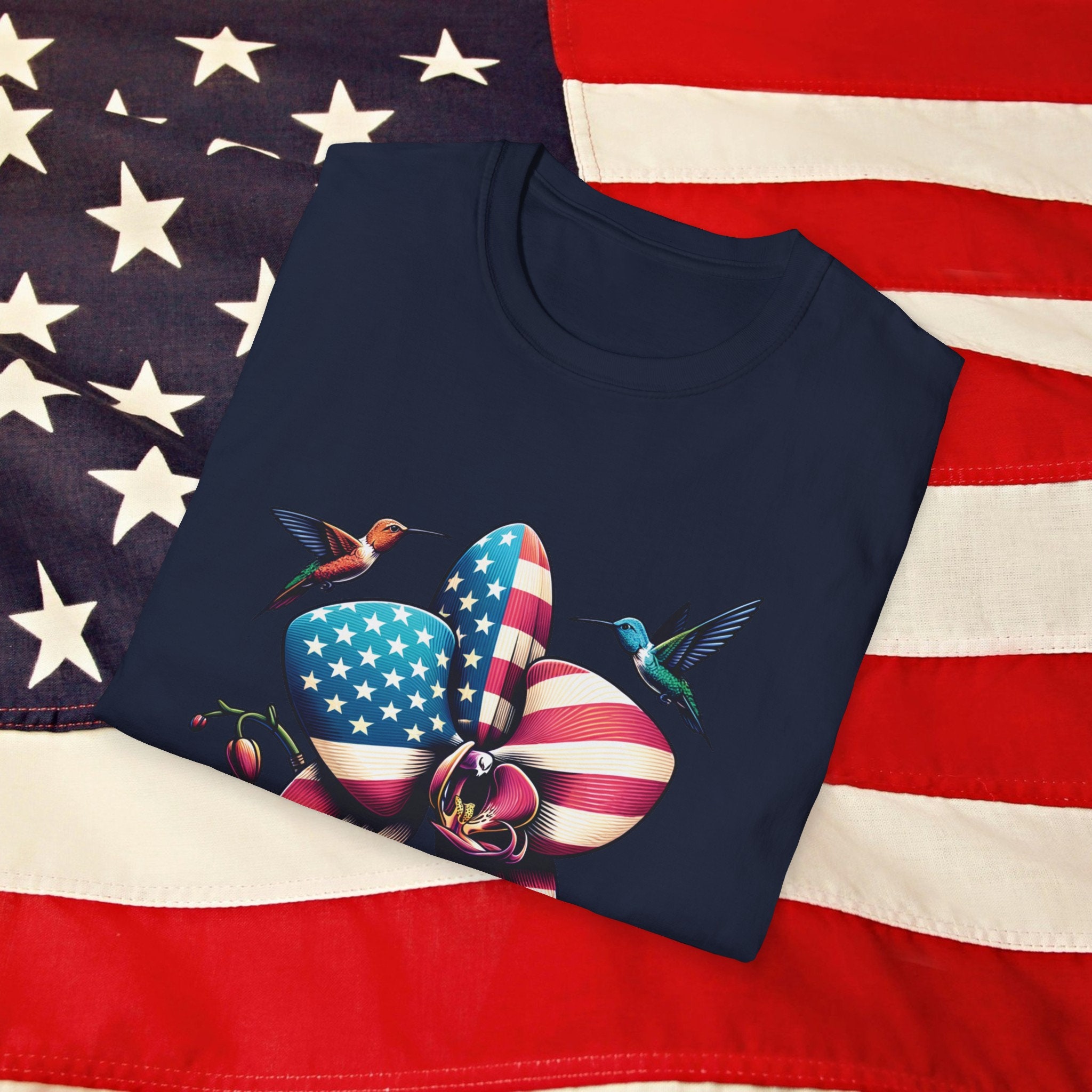 Orchid, US Flag, & Hummingbird Designs of Patriotic Tshirt for July 4th ...