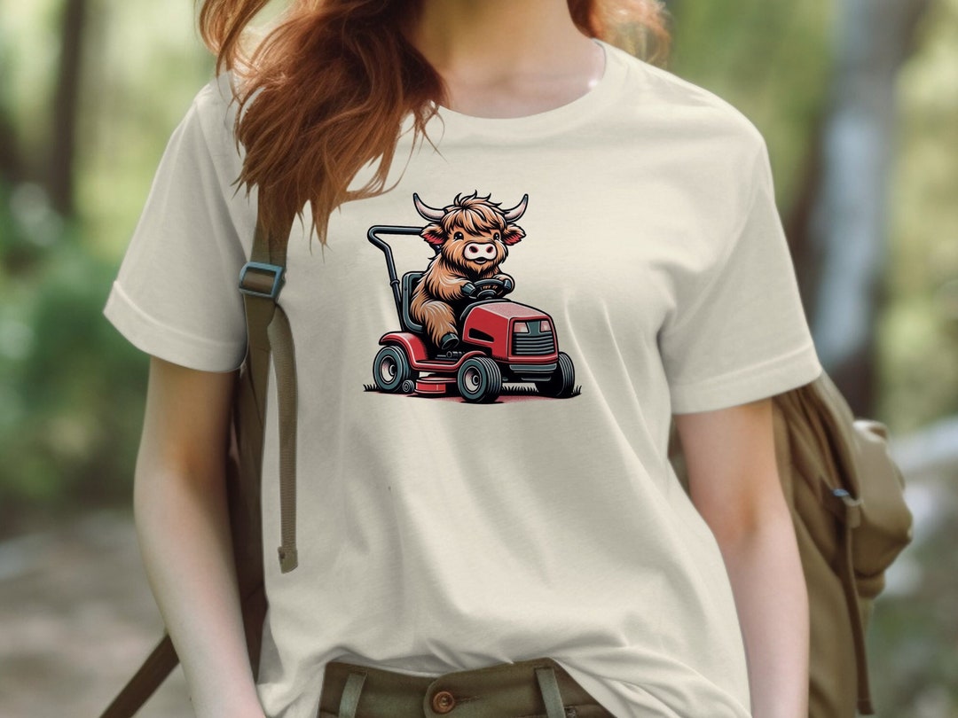 Cute Highland Cow Riding Lawn Mower Funny Farm Animal T-shirt, Unique ...