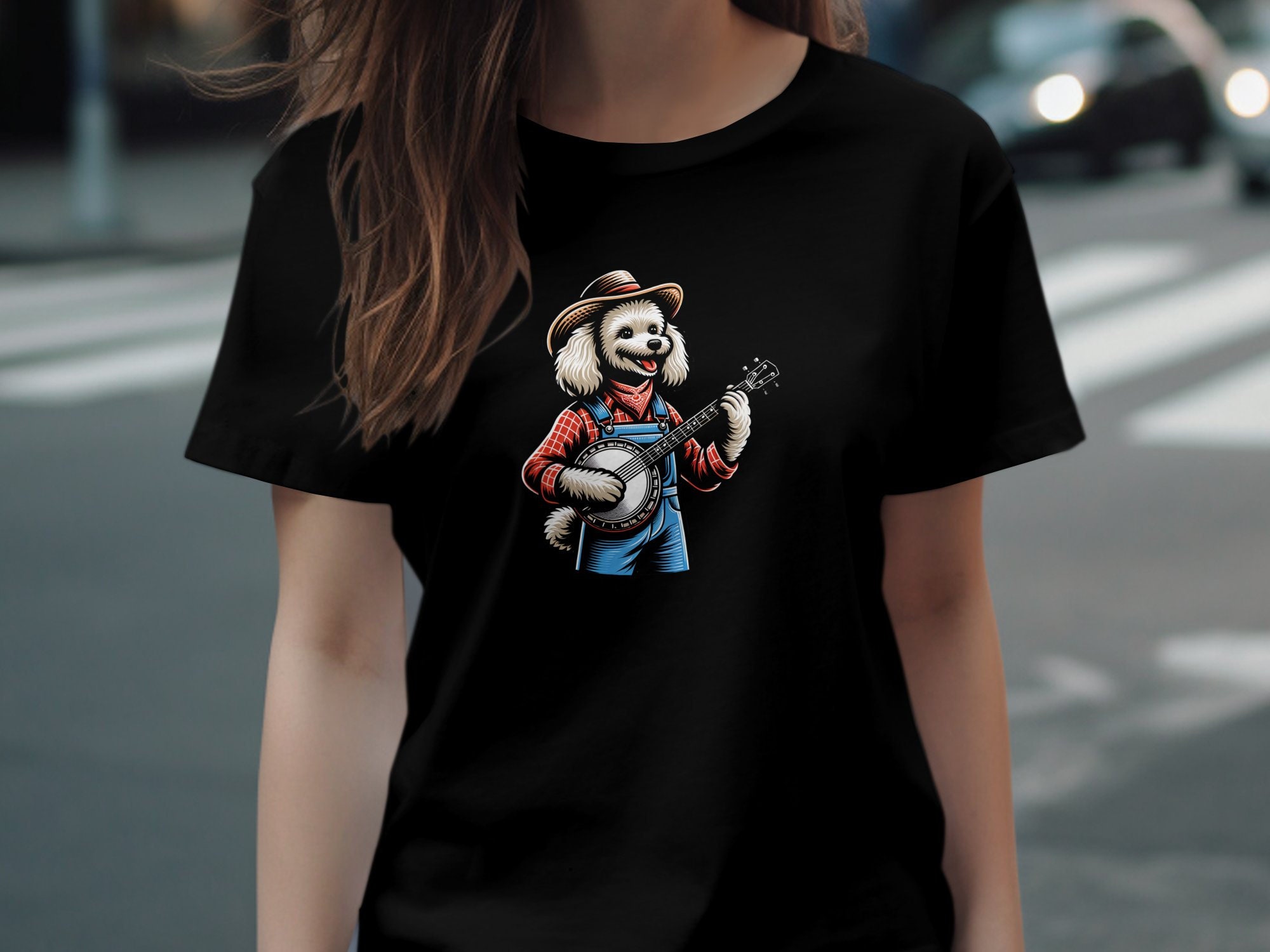 Poodle Dog Playing Banjo Graphic T-shirt, Unique Music Lover Pet Design ...