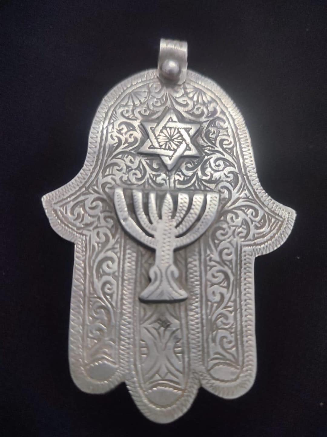 Khamsa Hand Pendant in Silver – Hand-engraved With Menorah & Star of ...