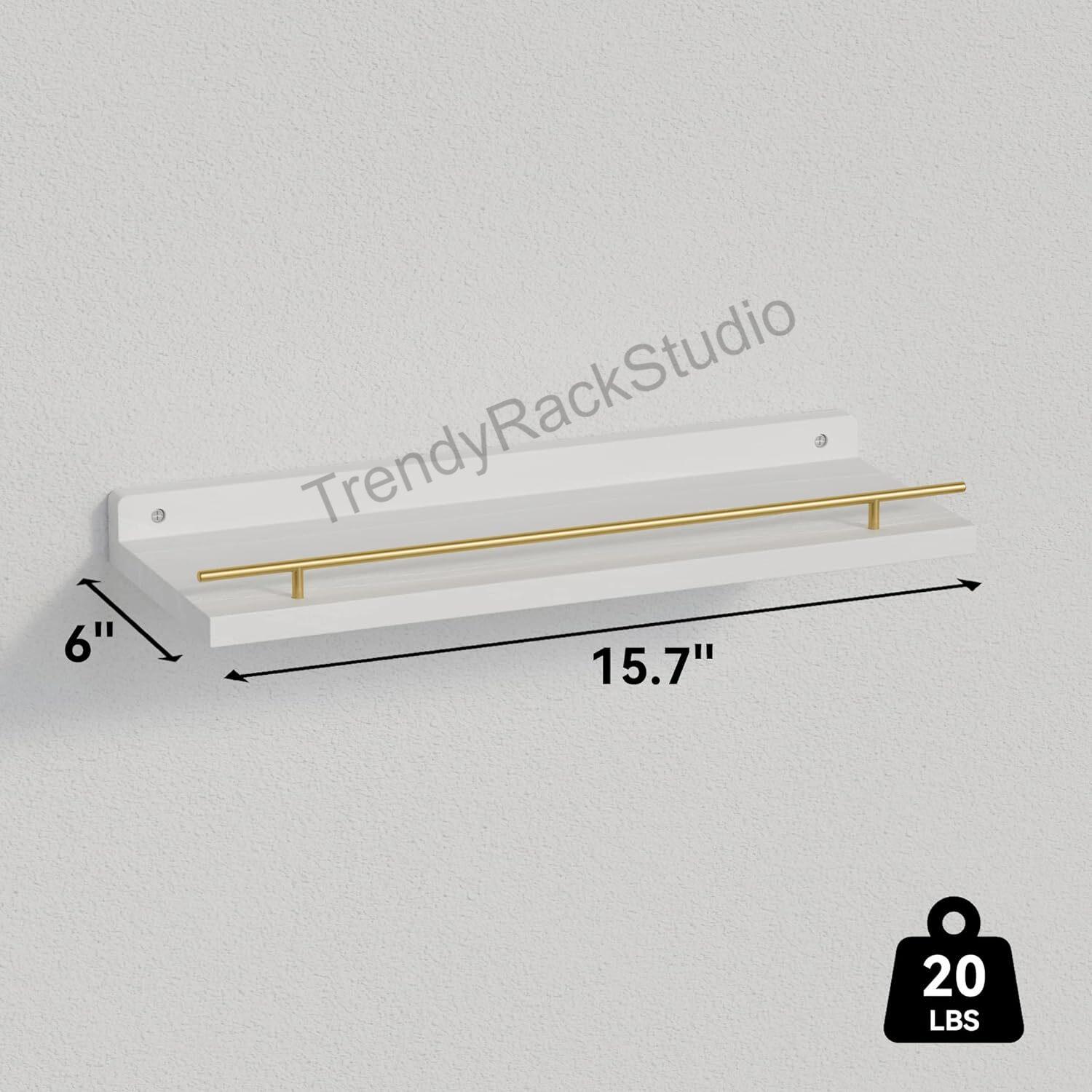 Set of 3 Wood Floating Shelves With Gold Metal Guardrail Bathroom Shelf ...