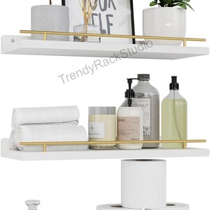 Set of 3 Wood Floating Shelves With Gold Metal Guardrail Bathroom Shelf ...