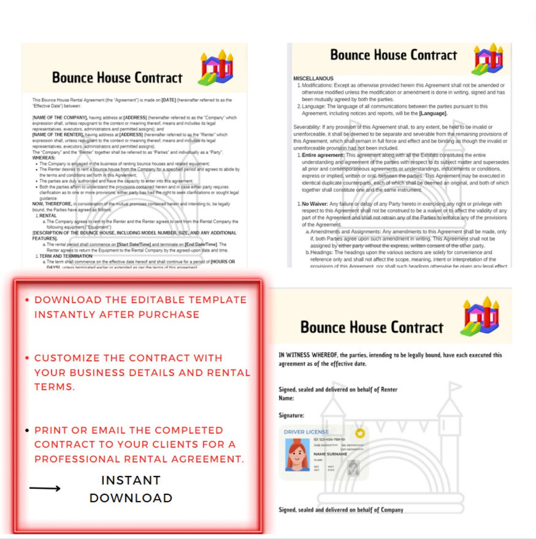 Professional Bounce House Rental Contract Template - Editable and ...