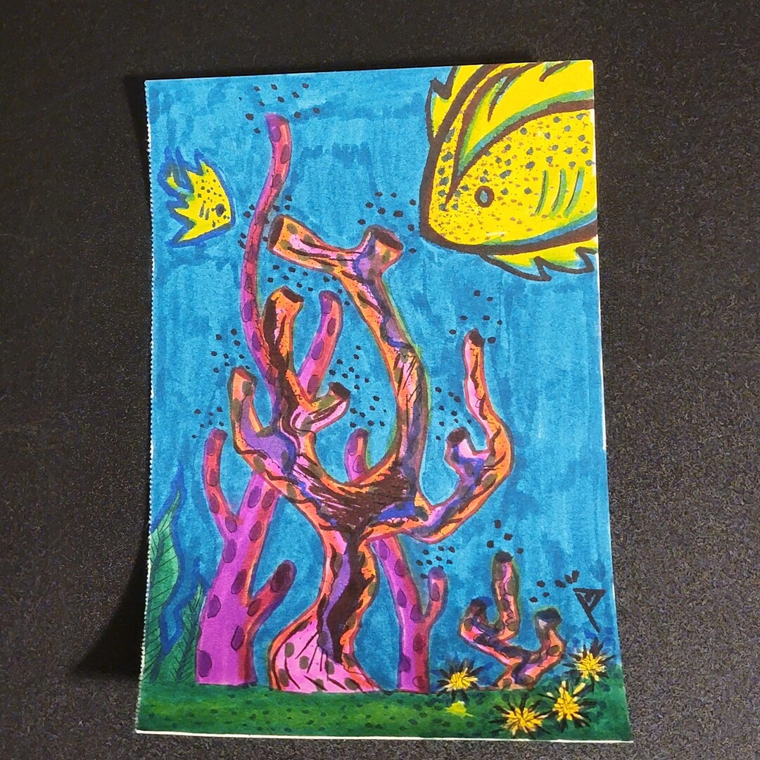 Original Underwater Marker Drawing of Coral & Fish on Ocean Floor ...