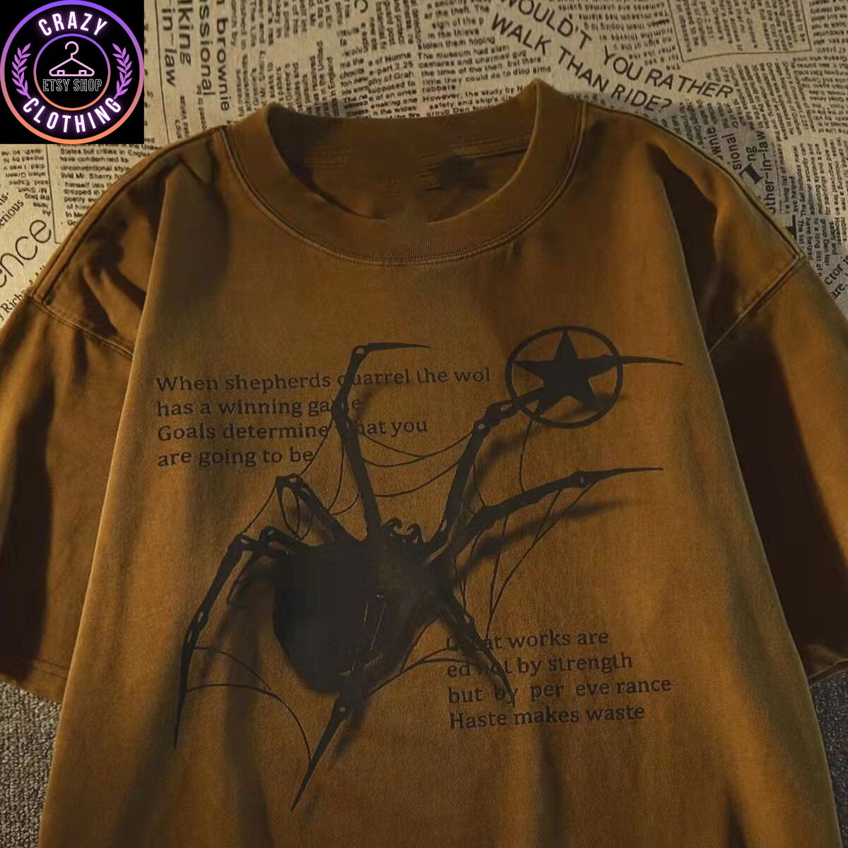 Y2K Spider Graphic T-shirt, Cobweb Print Retro Style Pullover, High ...