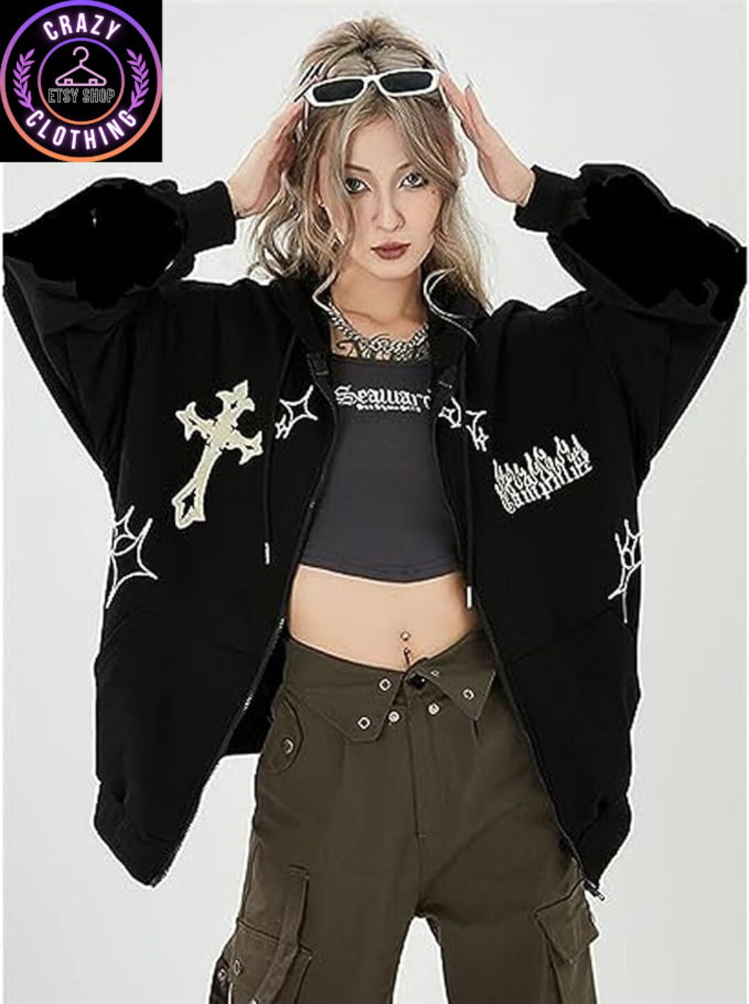 Y2K Cross Zip up Hoodie, Embroidered Flames Streetwear Sweatshirt ...