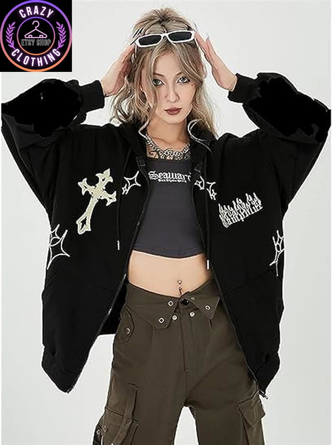 Y2K Cross Zip up Hoodie, Embroidered Flames Streetwear Sweatshirt, Grunge Hip Hop Retro Style ...