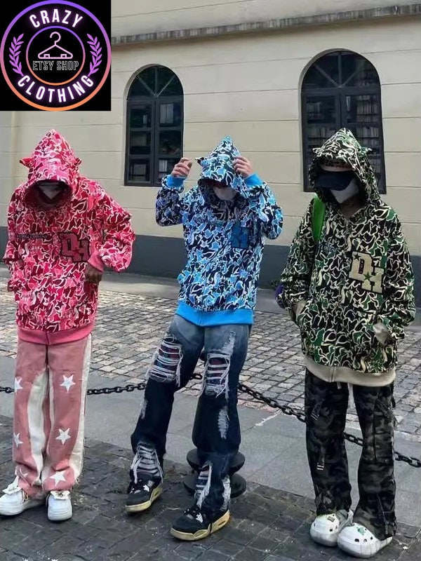 Horned Y2K Camouflage Hoodie, Full Zip up American Streetwear ...