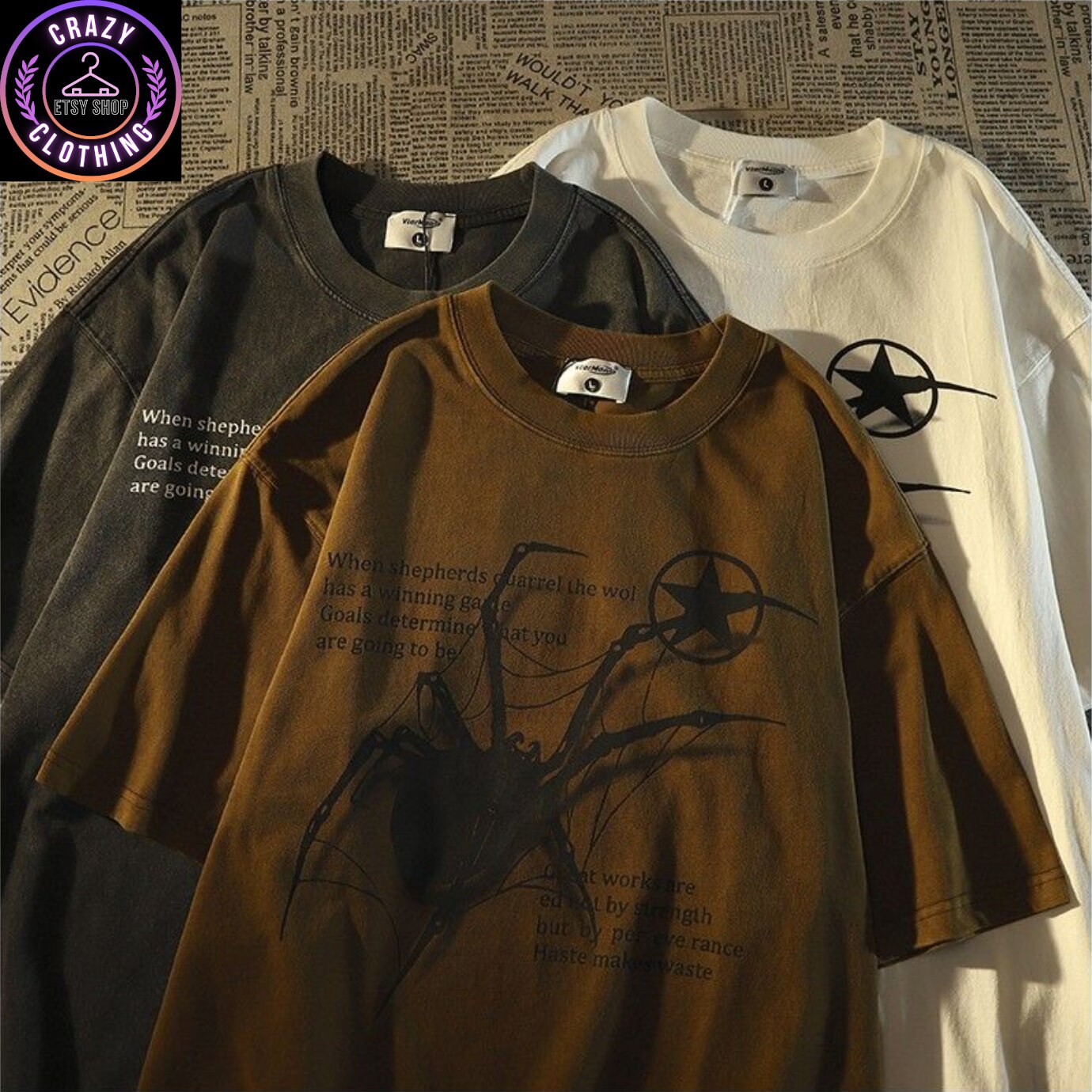 Y2K Spider Graphic T-shirt, Cobweb Print Retro Style Pullover, High ...