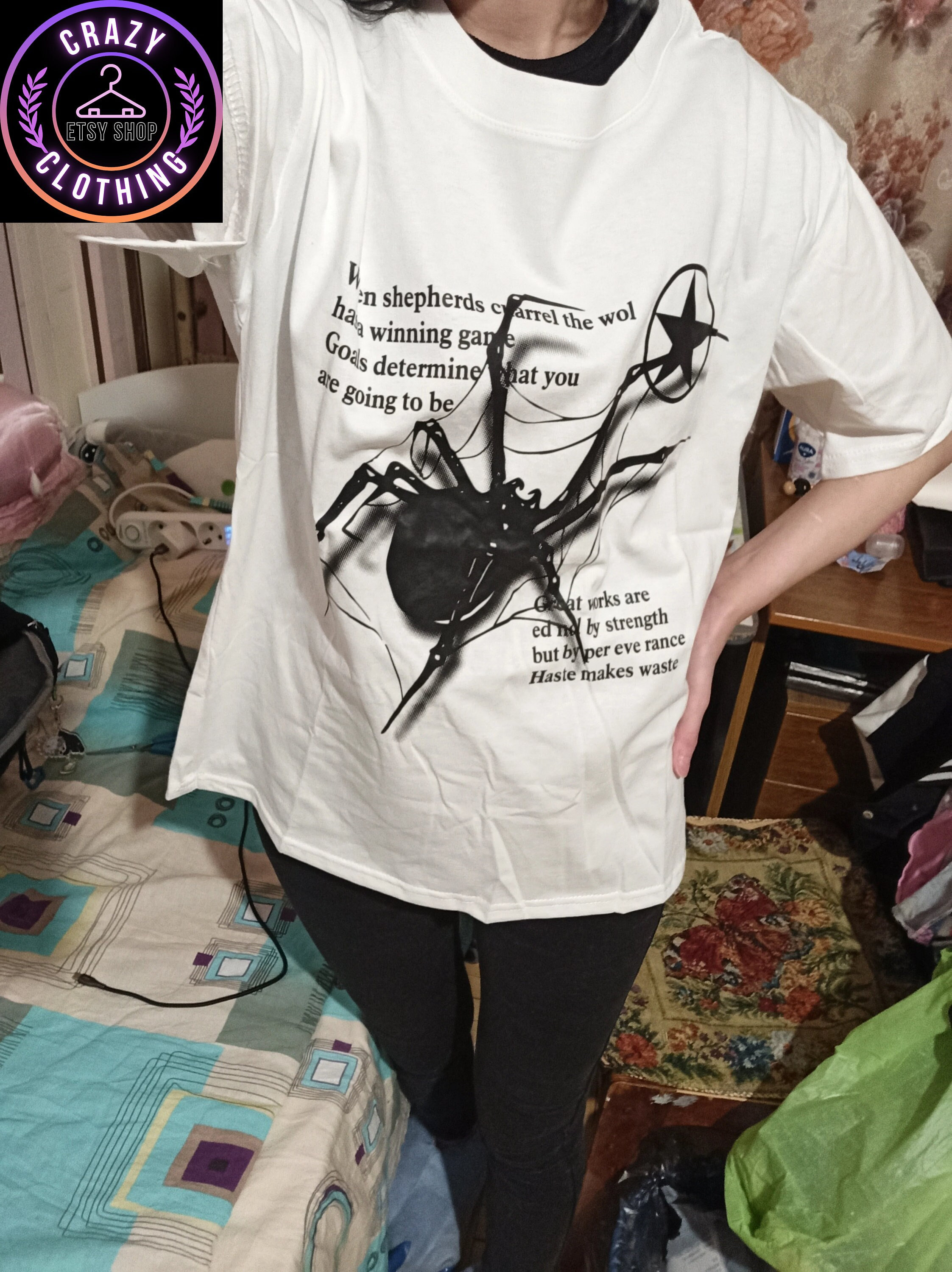 Y2K Spider Graphic T-shirt, Cobweb Print Retro Style Pullover, High ...