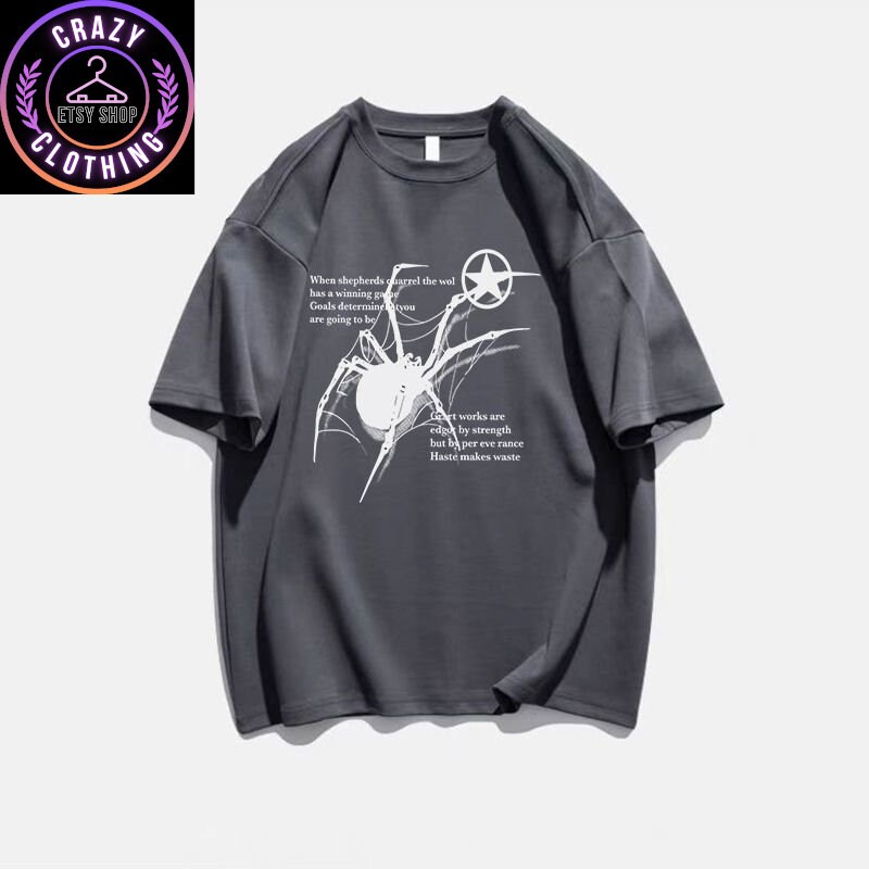 Y2K Spider Graphic T-shirt, Cobweb Print Retro Style Pullover, High ...