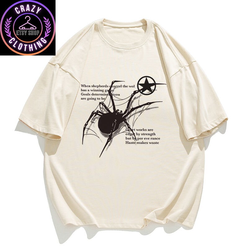 Y2K Spider Graphic T-shirt, Cobweb Print Retro Style Pullover, High ...