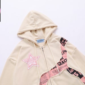 Y2K Patchwork Star Hoodie, Puff Print Stitched Star Zip Up, American Streetwear Hooded ...