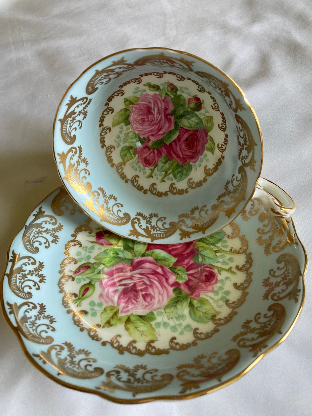 EB Foley Teacup & Saucer Blue and Gold Tea Rose Floral 3572 C1940s - Etsy