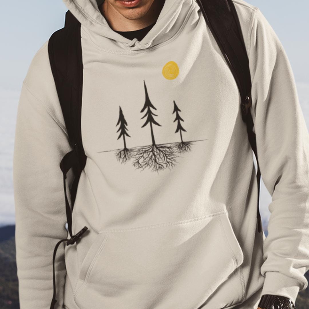 Nature-inspired Hoodie – Tree Silhouette With Exposed Roots and Sun ...
