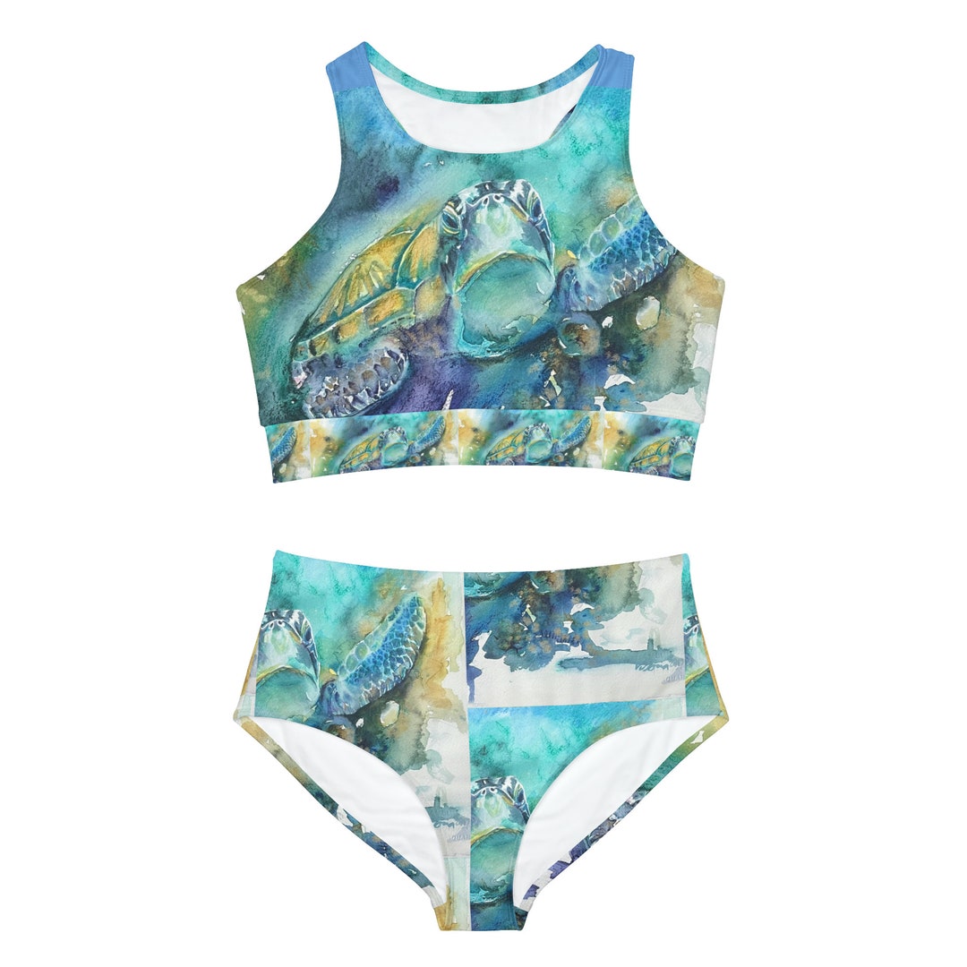 Sea Turtle Watercolor Bikini Set, High-waisted Swimsuit - Etsy