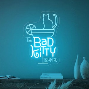 The Bad Kitty Lounge Neon Sign, Bar Wall Art, Black Cat Decor, Martini ...