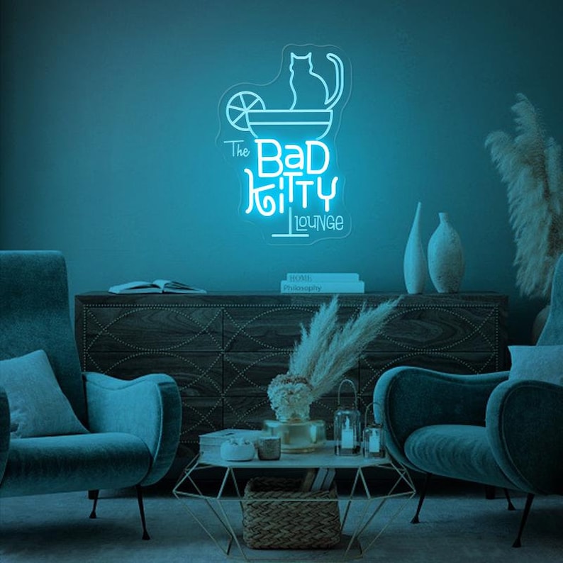 The Bad Kitty Lounge Neon Sign, Bar Wall Art, Black Cat Decor, Martini ...